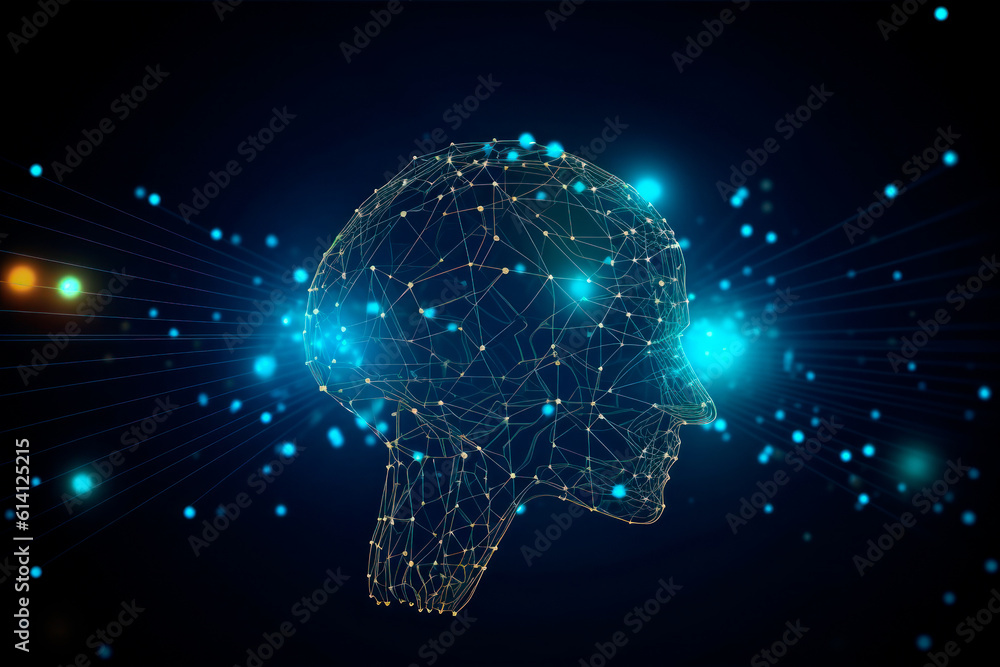 Side view of a cyborg head covered with neural network. Futuristic technology and artificial ...