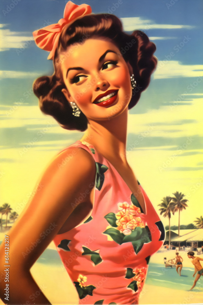 poc pinup model at beach with pink bow in hair, 40s, 50s painting made ...