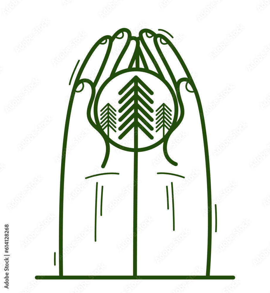 Two hands with pine trees protecting and showing care vector flat style ...