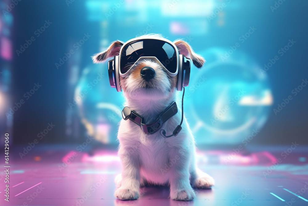 Cute dog with VR headset exploring the metaverse created with ...