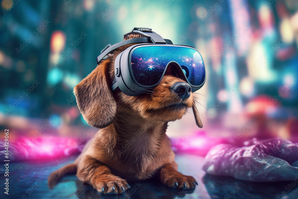 Cute dog with VR headset exploring the metaverse created with ...