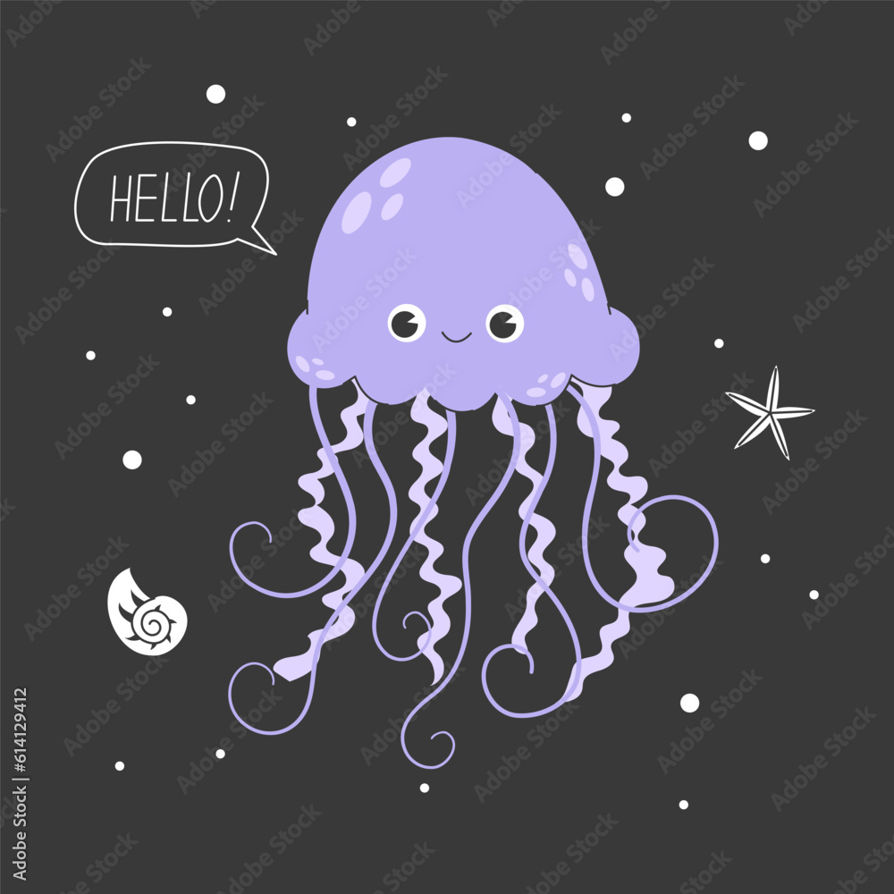 Card with purple cute jellyfish on a dark background. Kawaii childrens ...