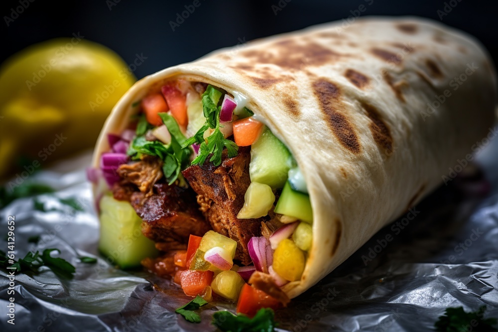 An inviting shawarma wrap, showcasing tantalizing fillings ...
