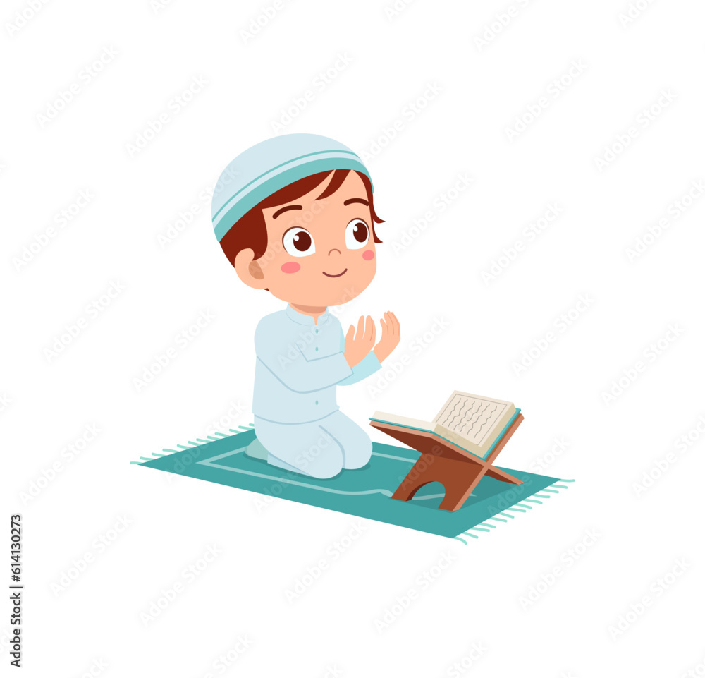 little muslim kid show pray pose and read quran Stock Vector | Adobe Stock