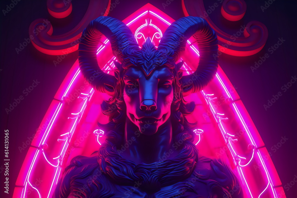 horned demon in neon pink and purple background made with generative ai ...