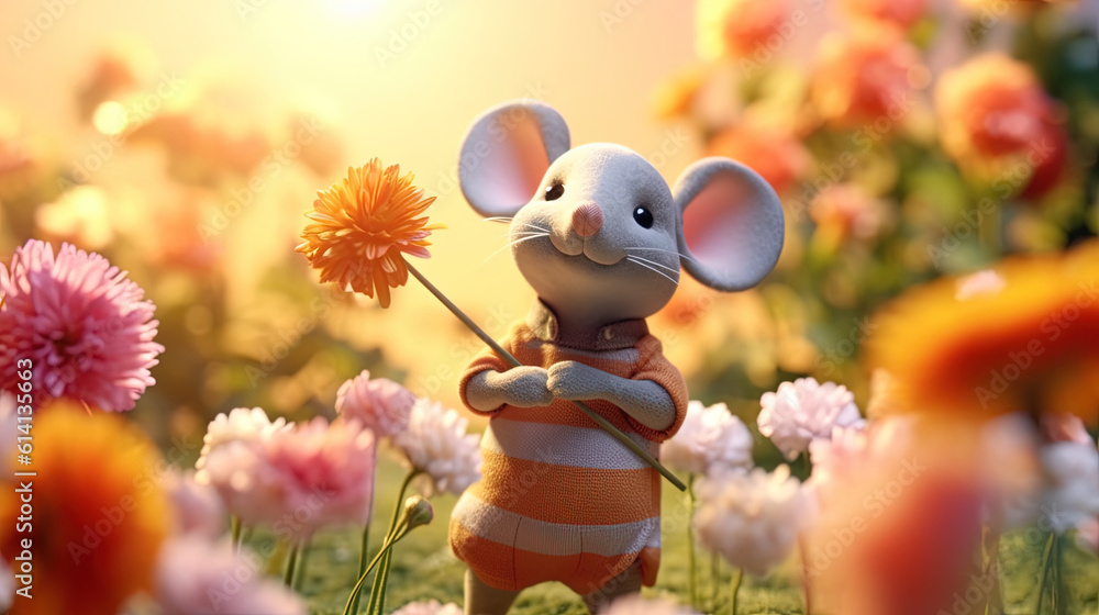 Cute cartoon mouse in peaceful garden for background or wallpaper Stock ...