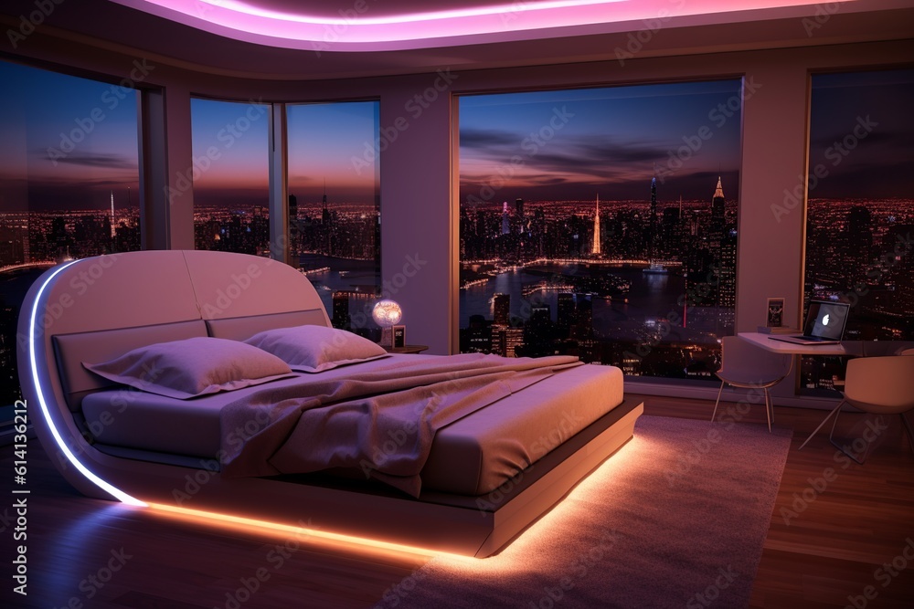 High-tech, futuristic bedroom with innovative smart lighting casting a ...