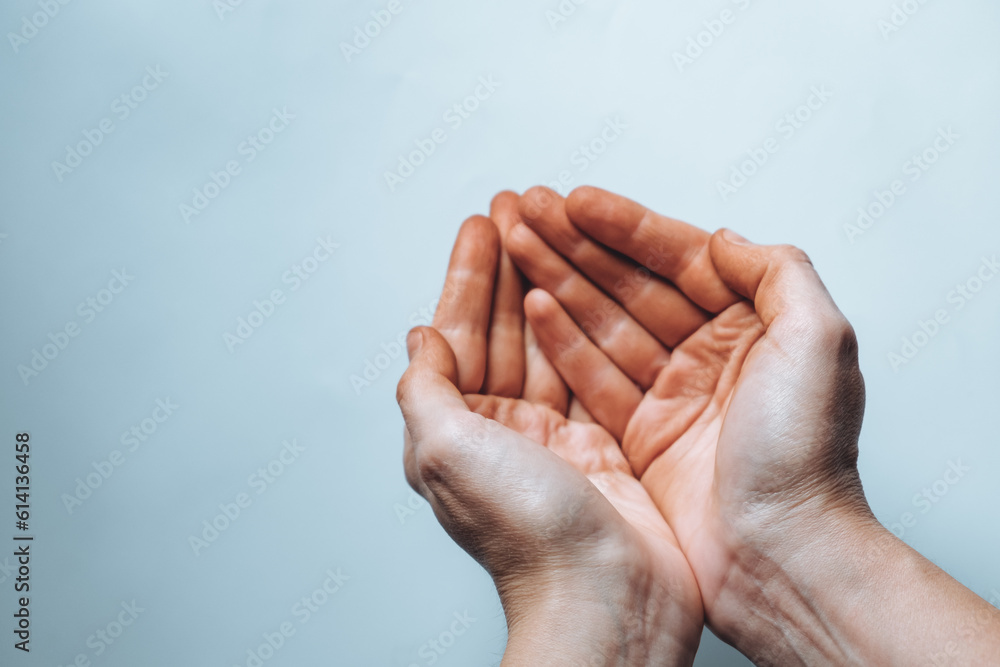 Sign need help. Alms symbol. Dirty caucasian hands isolated on a white ...