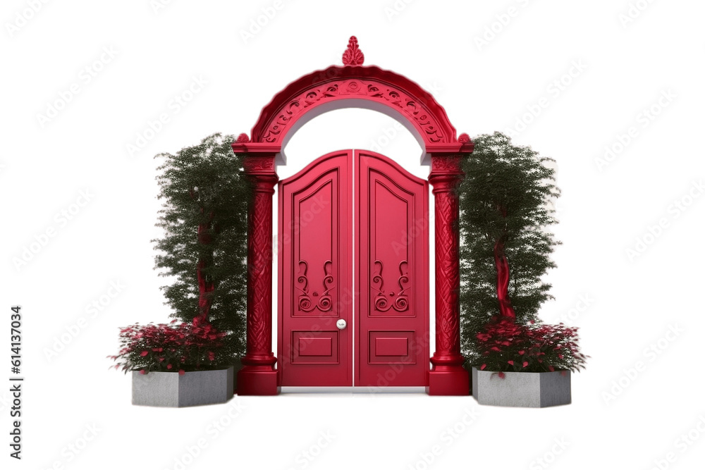 Modern red garden entrance gate isolated on transparent background. AI ...
