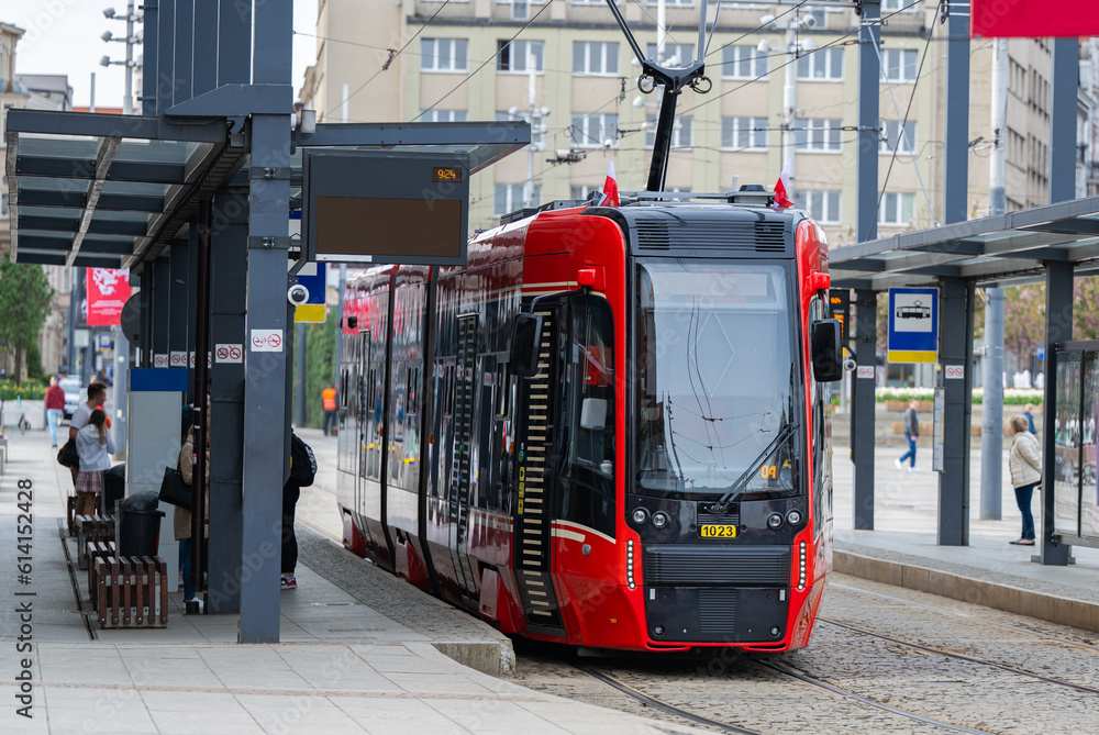 public transport red trams in Poland Stock Photo | Adobe Stock