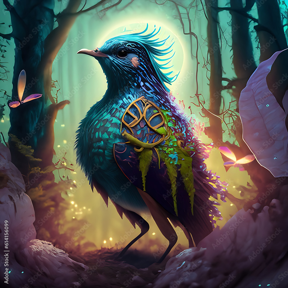 Fantasy bird in fairy tale deep forest, magical environment, Generative ...