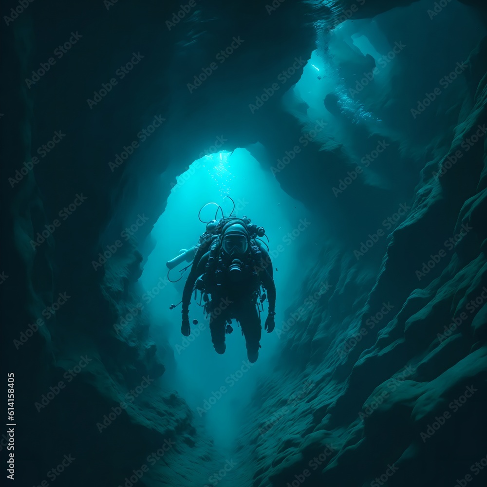 Scuba deep sea diver swimming in a deep ocean cavern . Underwater ...