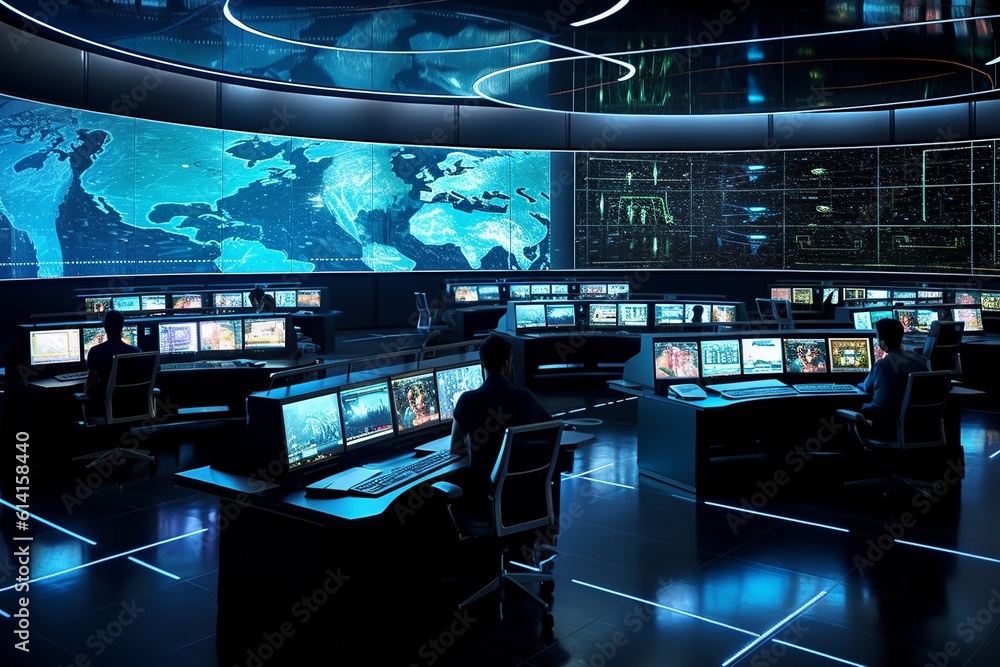ภาพประกอบสต็อก Modern control room with multiple screens displaying real-time logistics data ...