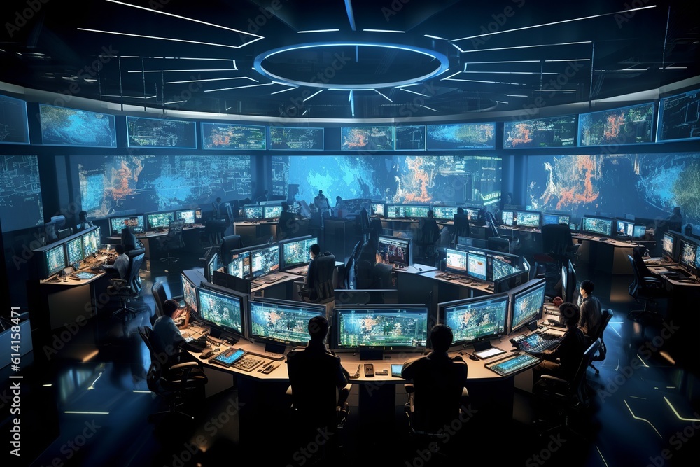 Modern control room with multiple screens displaying real-time logistics data, operators ...