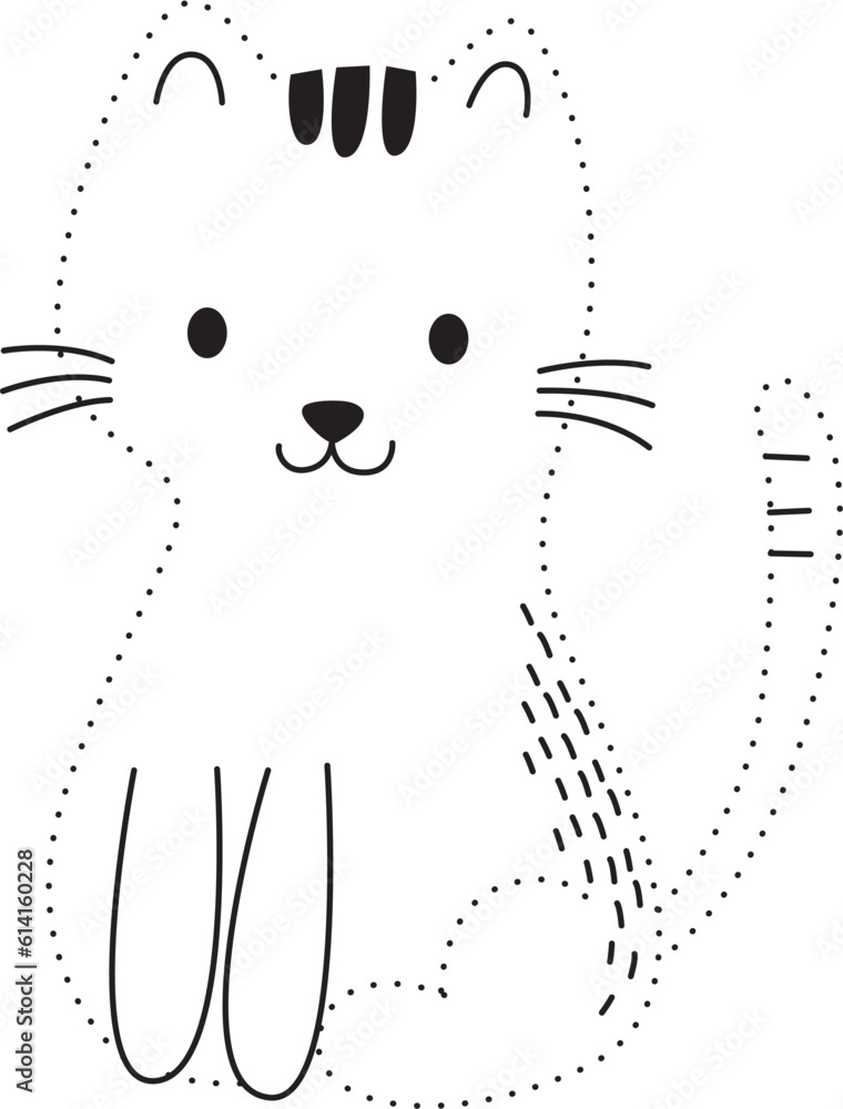 cat dotted line practice draw cartoon doodle kawaii anime coloring page ...