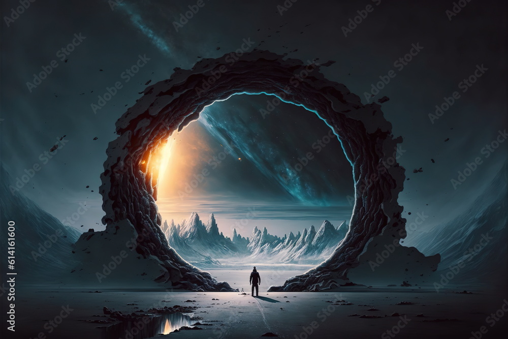 Spaceman travel through the space with mysterious sci-fi fantasy portal ...