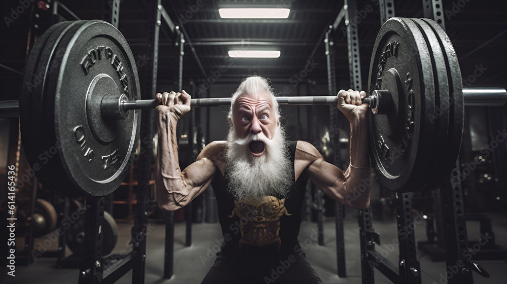 old man doing extreme exercise in gym, lifting heavy weights, intense ...