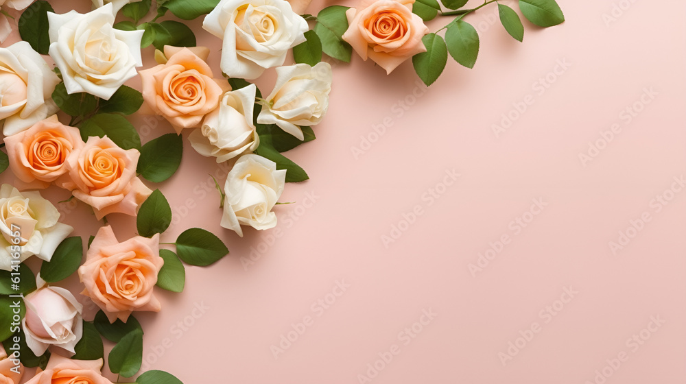 bouquet of roses on plain pink background, minimalistic design with ...