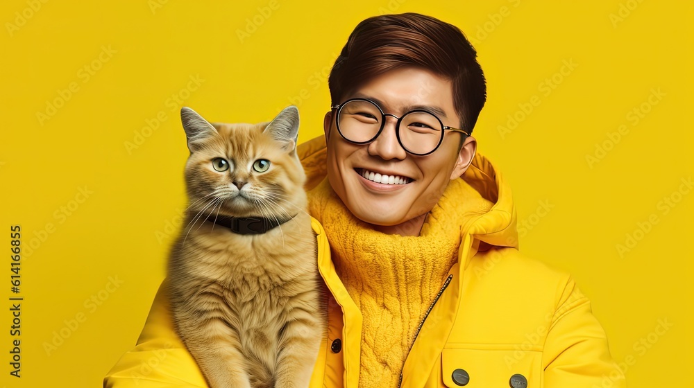 happy cat owner smiling holding his cat in arm, yellow background ...