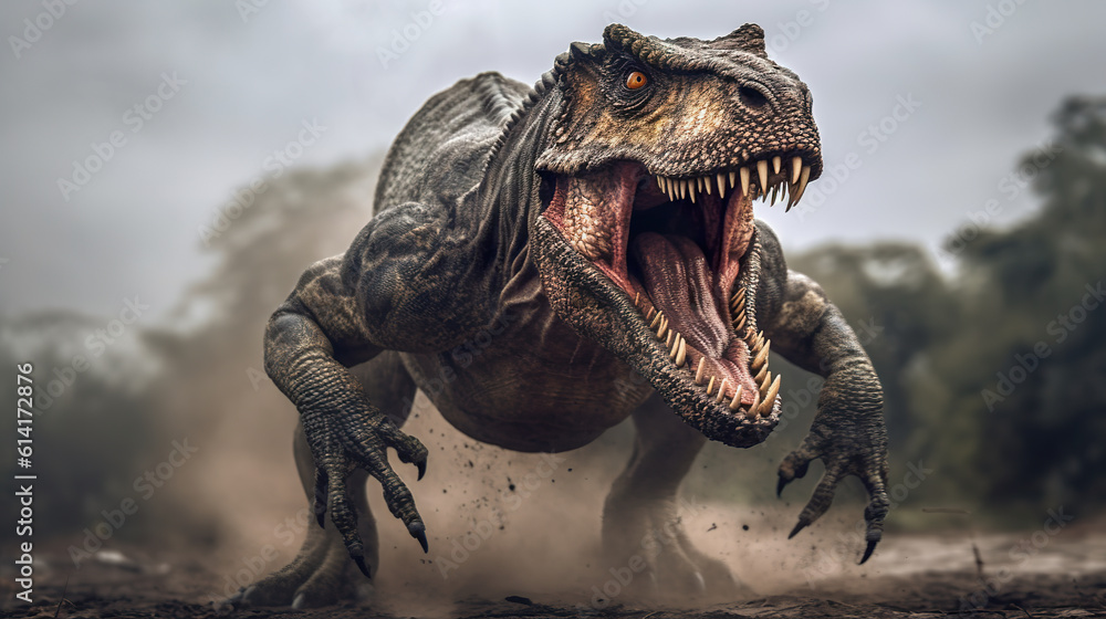 Furious dinosaur tyrannosaurus rex portrait with intense eyes and big teeth. Dinosaur ...