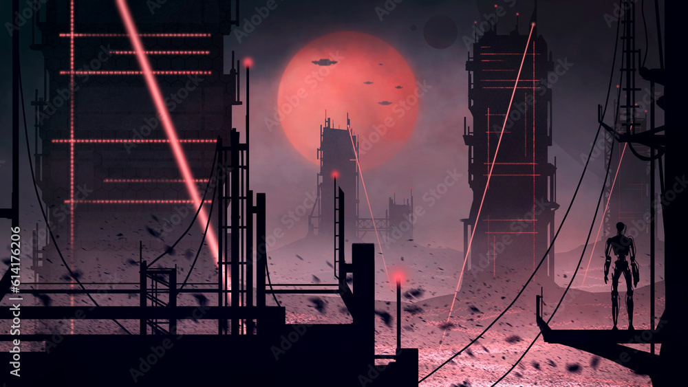The night, urban landscape of the future with high industrial towers ...