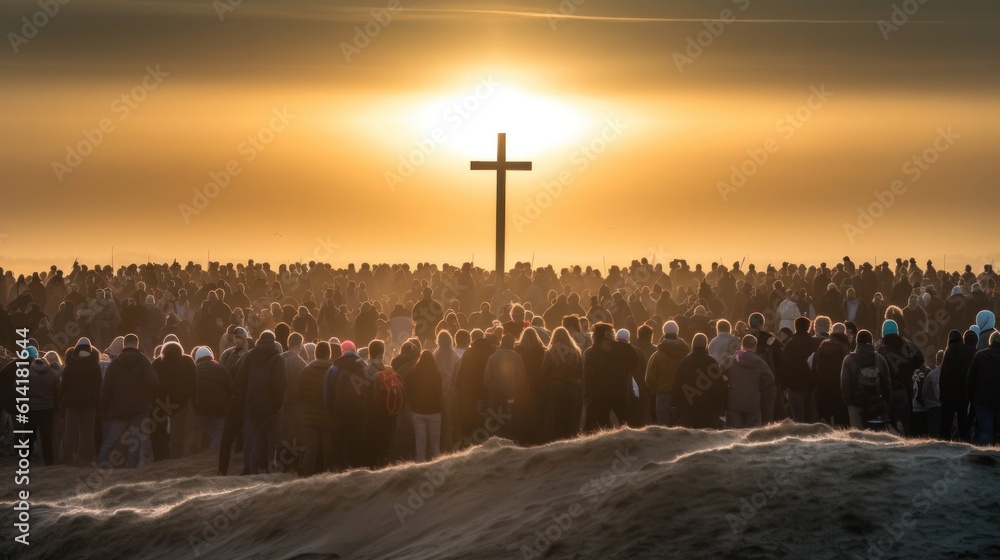 multitude of people looking towards a cross on the horizon ilustração ...