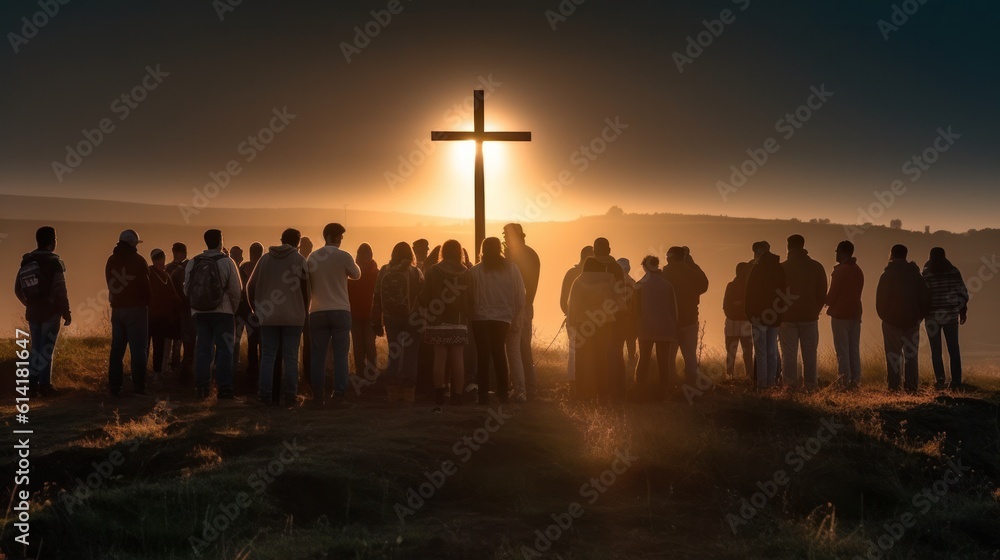 multitude of people looking towards a cross on the horizon Stock ...