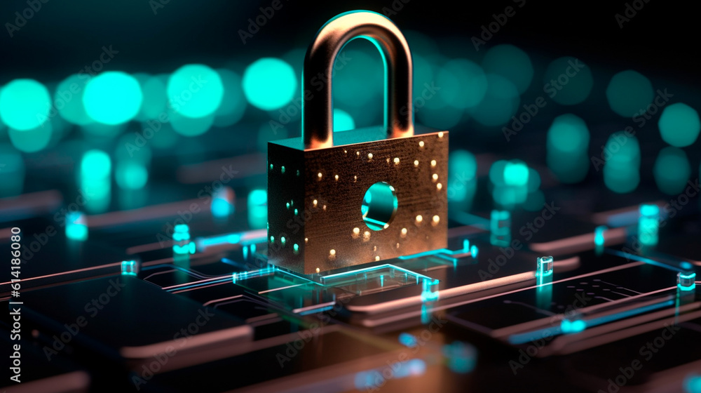 Cybersecurity illustration with high-tech padlock protecting a laptop ...