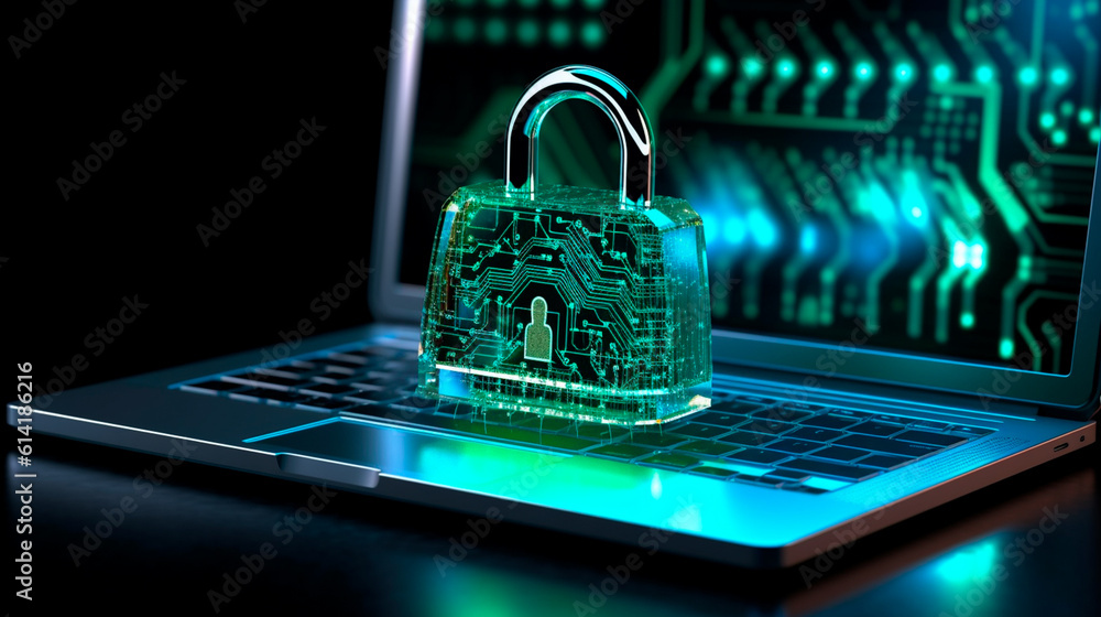 Cybersecurity illustration with high-tech padlock protecting a laptop ...