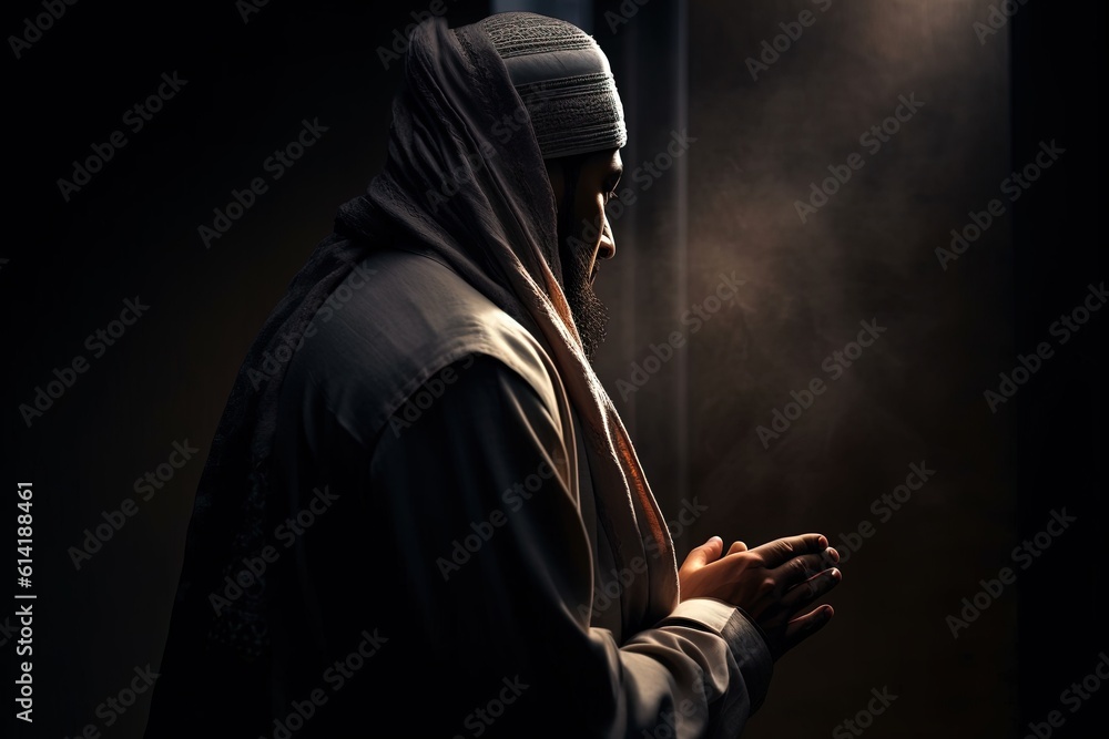 Traditional muslim man praying in the dark room Stock Illustration ...
