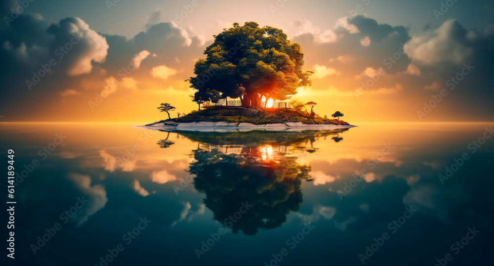 Beautiful small rock island in the middle of the sea with a colorful ...