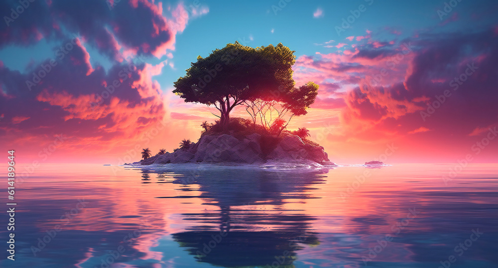 Beautiful small rock island in the middle of the sea with a colorful ...