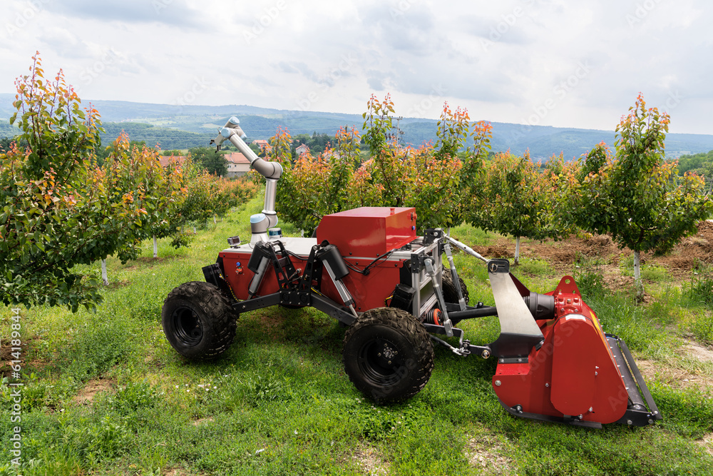 Autonomous agricultural robot with robotic arm. Smart farm concept ...