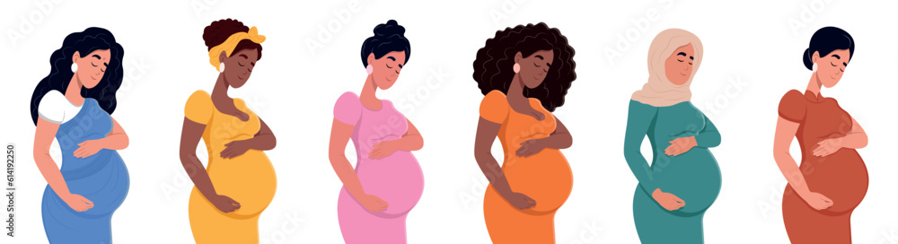 Set of different pregnant women. African American, Muslim, Indian ...
