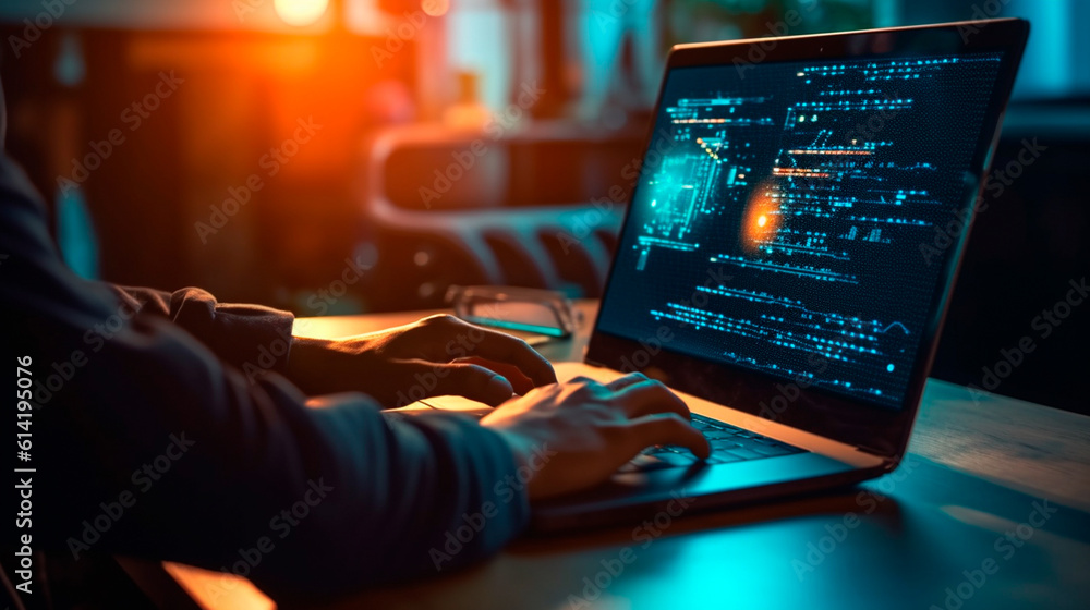 Software development concept. Coding programmer, software engineer working on laptop with ...