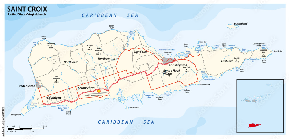 Road map of the caribbean island of Saint Croix, Virgin Islands, United ...