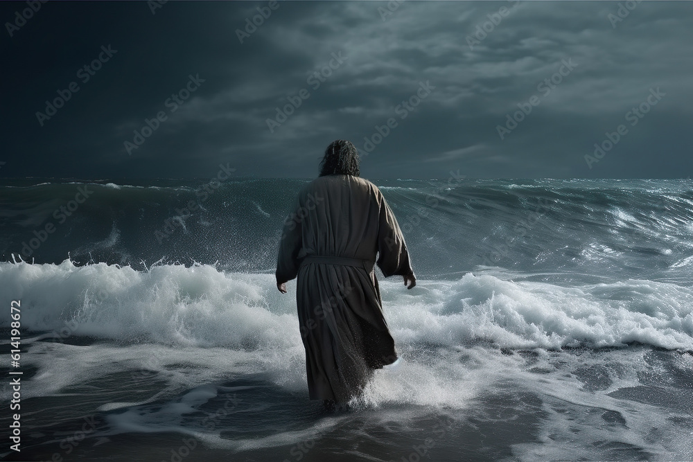 Biblical concept, Jesus Christ walks on water across the Sea of Galilee ...