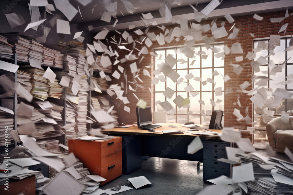 Clutter and chaos in office. Scattered documents fly over the workplace ...