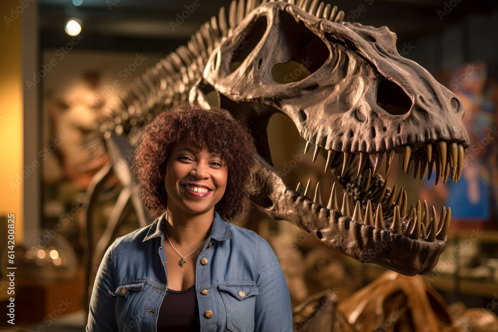 African American paleontologist woman standing next to a dinosaur ...