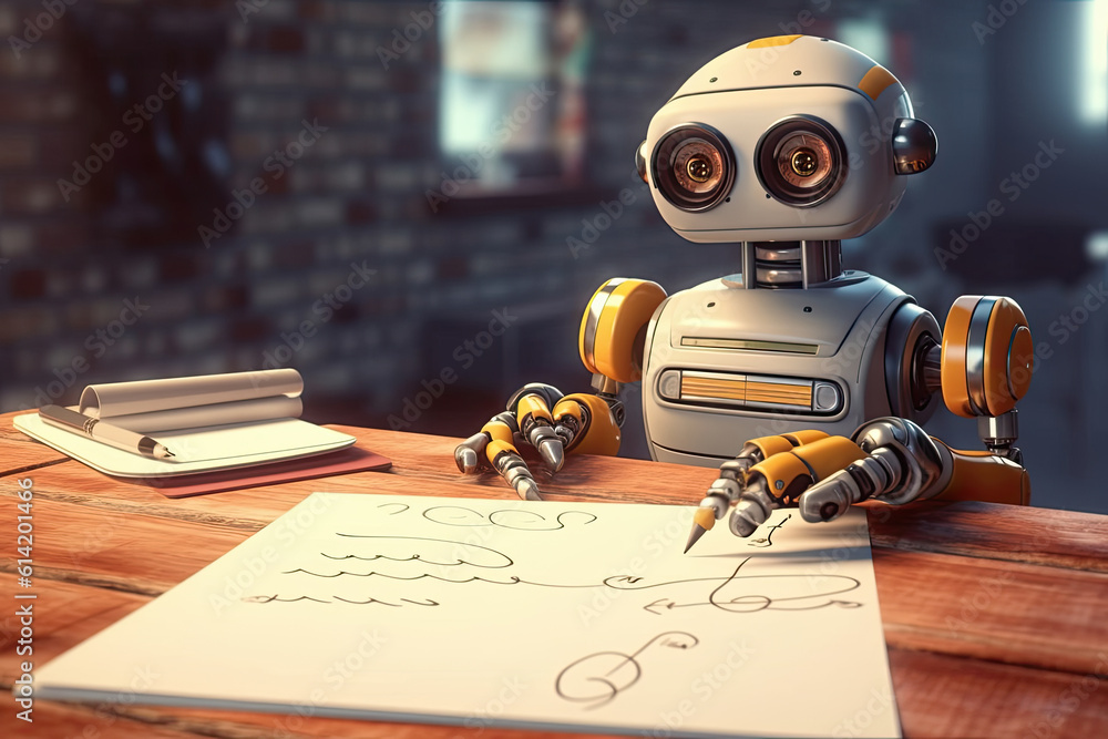illustracion de un robot escribiendo en una hoja en blanco, sobre mesa ...