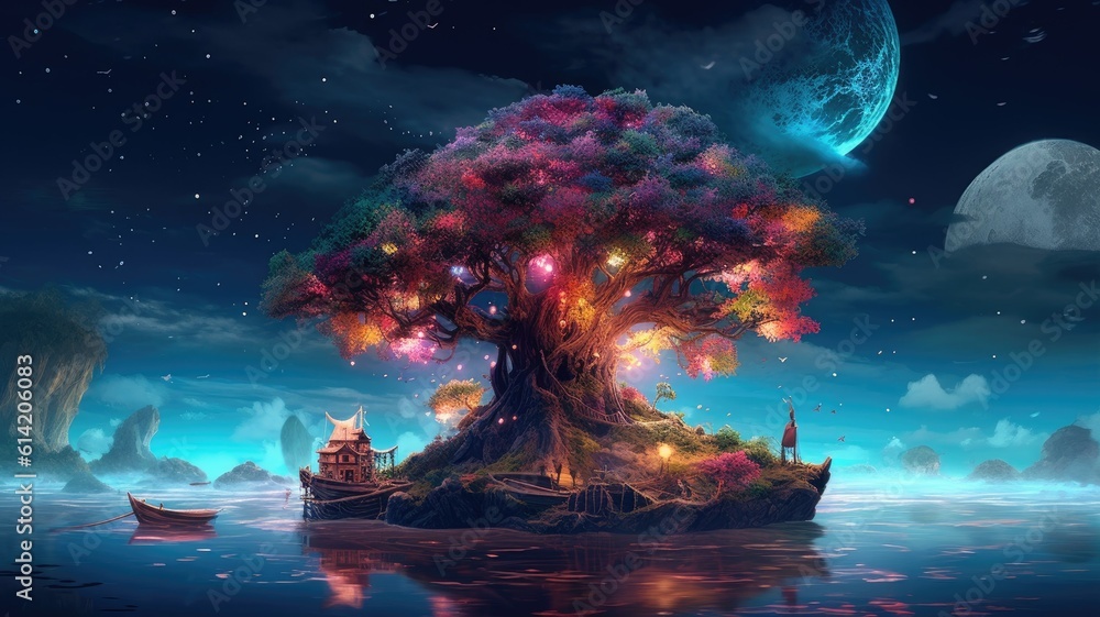 Beautiful illustration of a huge mystical tree in a fantasy world ...