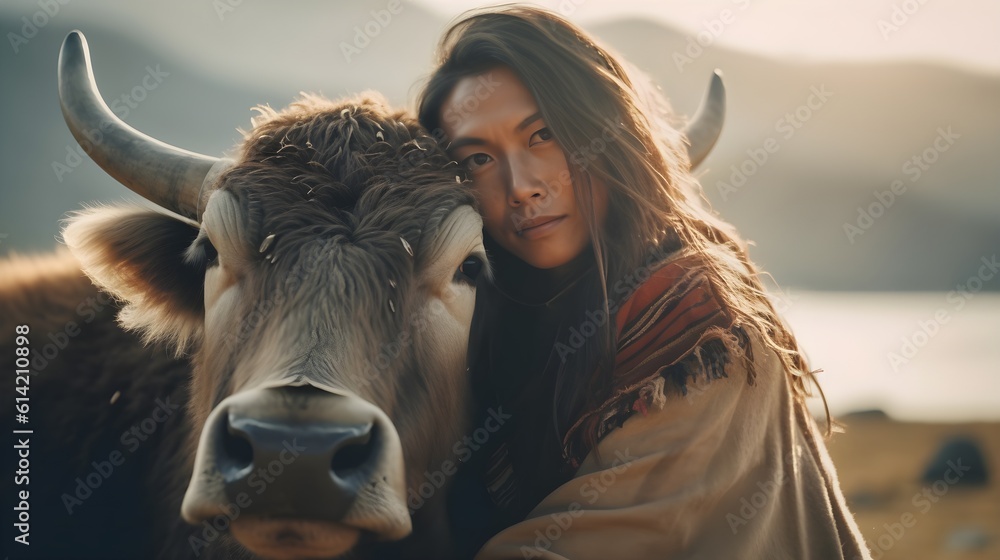 Beautiful Asian woman with traditional clothes hugging, caring a bull ...