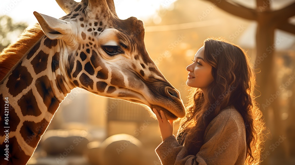 Beautiful Asian woman touching, caring a giraffe, sunset savanna ...