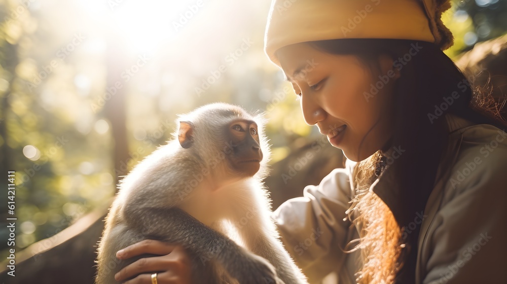 Handsome volunteer woman worker holding a little rescued monkey ...