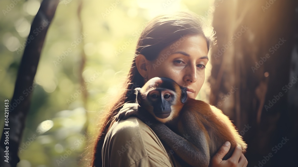 Foto de Handsome volunteer woman worker holding a little rescued monkey ...