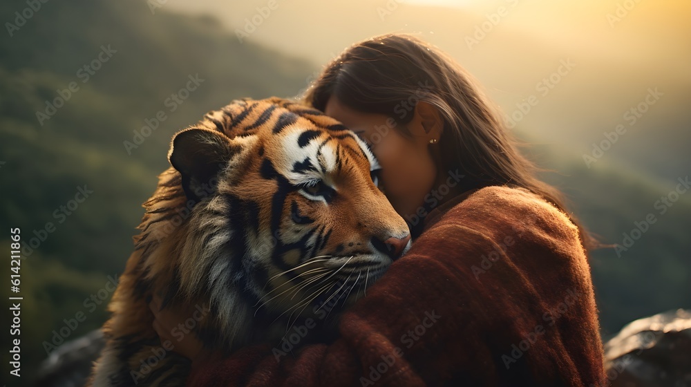 Beautiful Asian woman hugging, caring a tiger, sunset mountain ...