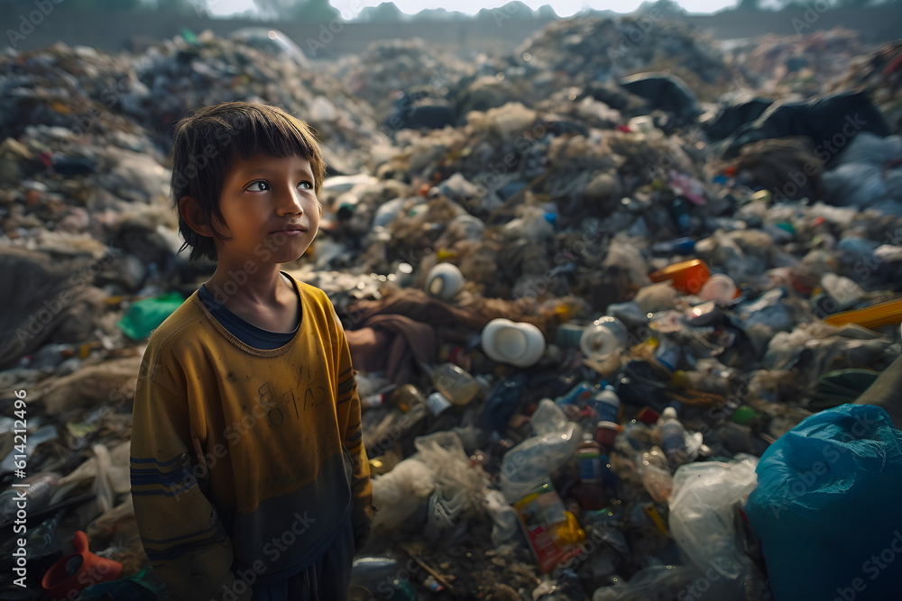 Poor homeless asian kid boy children in torn dirty clothes at the city ...