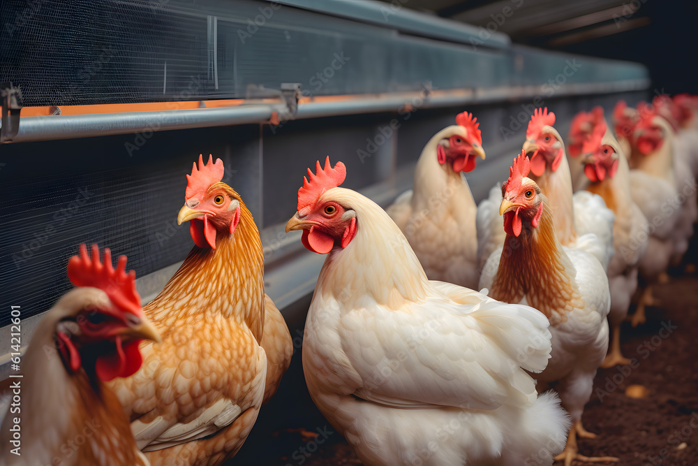 Poultry farm broiler farm with a group of adult laying hens in a modern ...