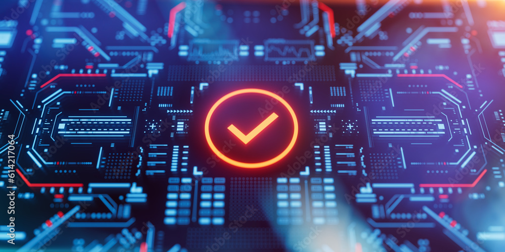 Check mark icon on a digital display with reflection. Concept of ...