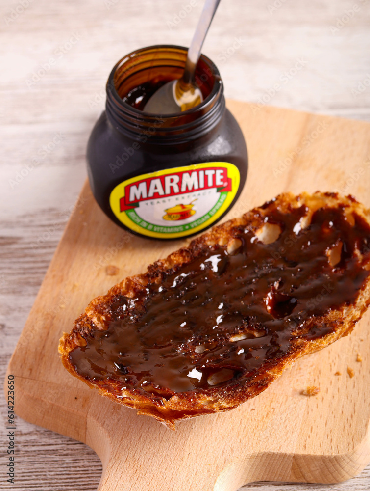 Slice of toast bread with marmite Stock-Foto | Adobe Stock